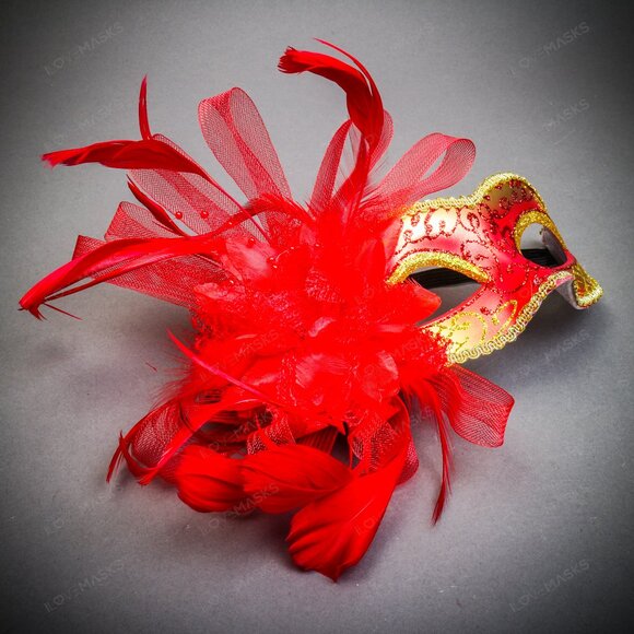 ILOVEMASKS | Accessories | Venetian Red Side Mesh Flower Gold Glitter ...